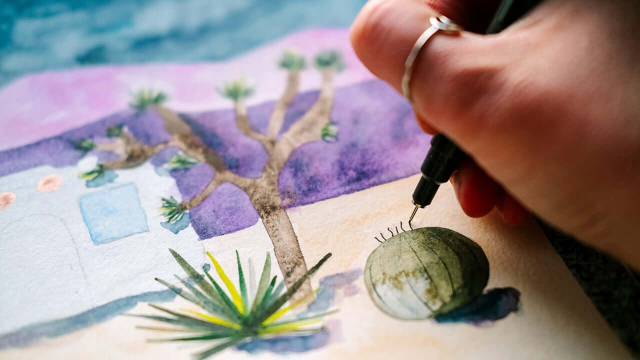 Watercolor and Ink Desert Botanical Landscape